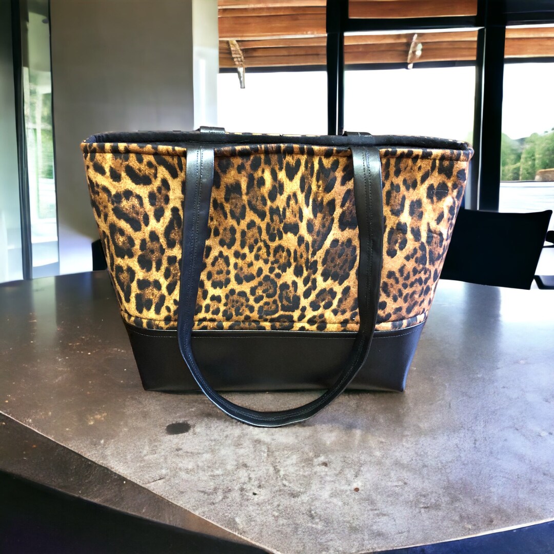 Large Leopard Skin Print Tote Bag With Faux Leather Botton and Straps ...