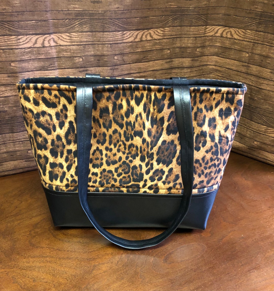 Large Leopard Skin Print Tote Bag With Faux Leather Botton and - Etsy