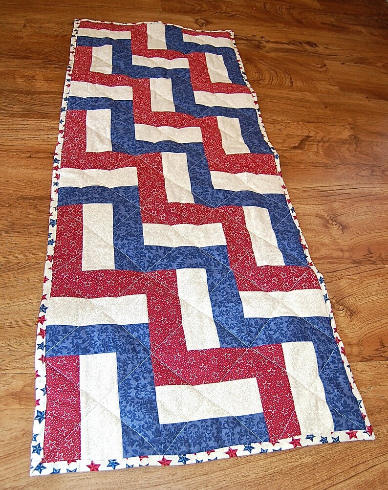 Red, White, and Blue Patchwork Quilted Table Runner - Etsy
