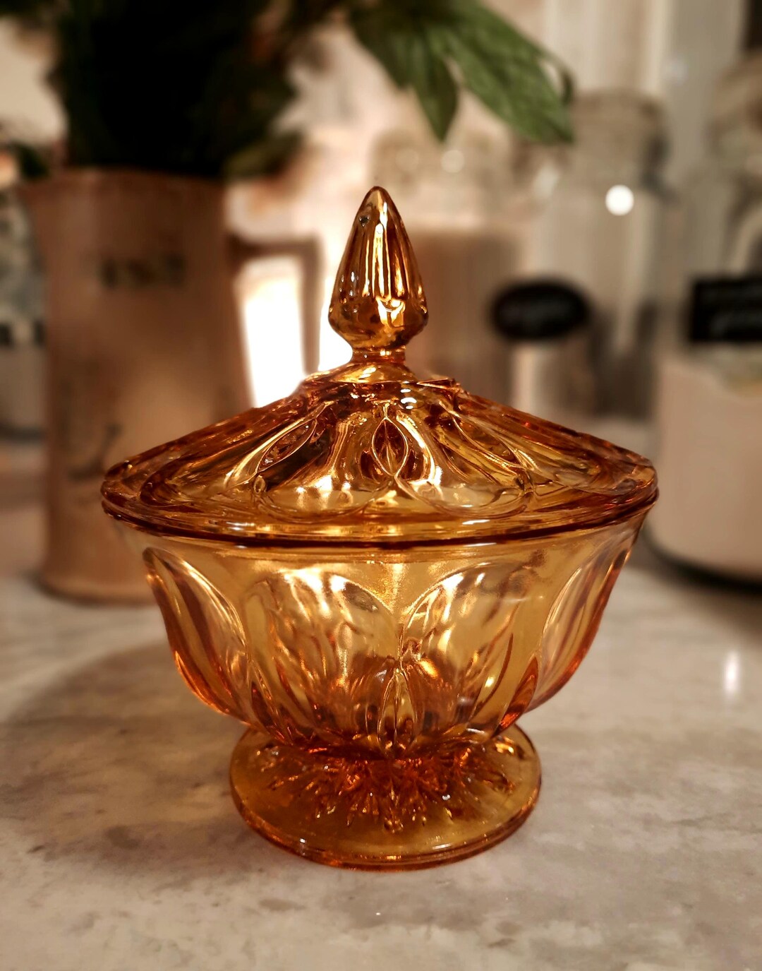 Vintage Honey Amber Lidded Candy Dish - Etsy