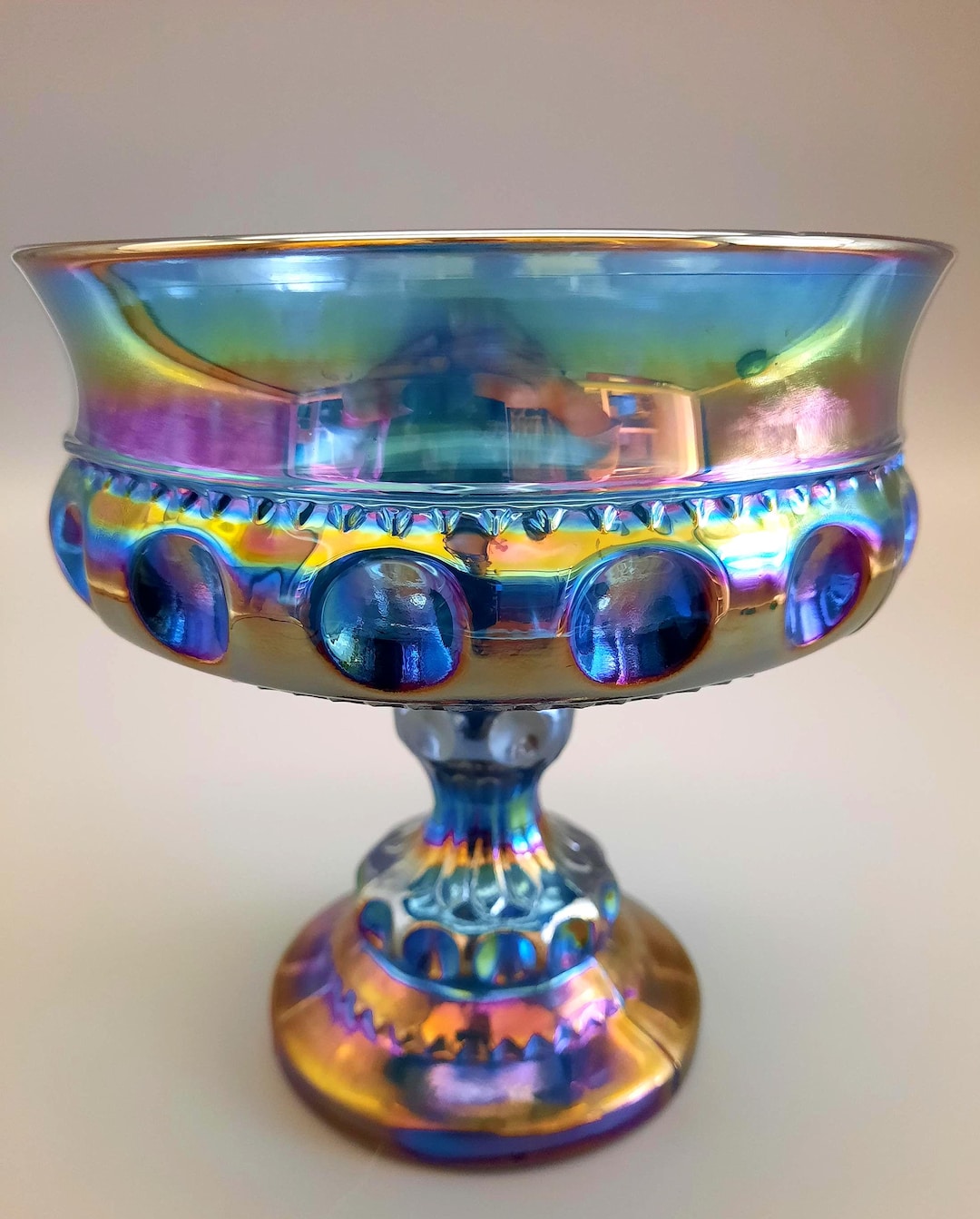 Blue Carnival Glass Compote