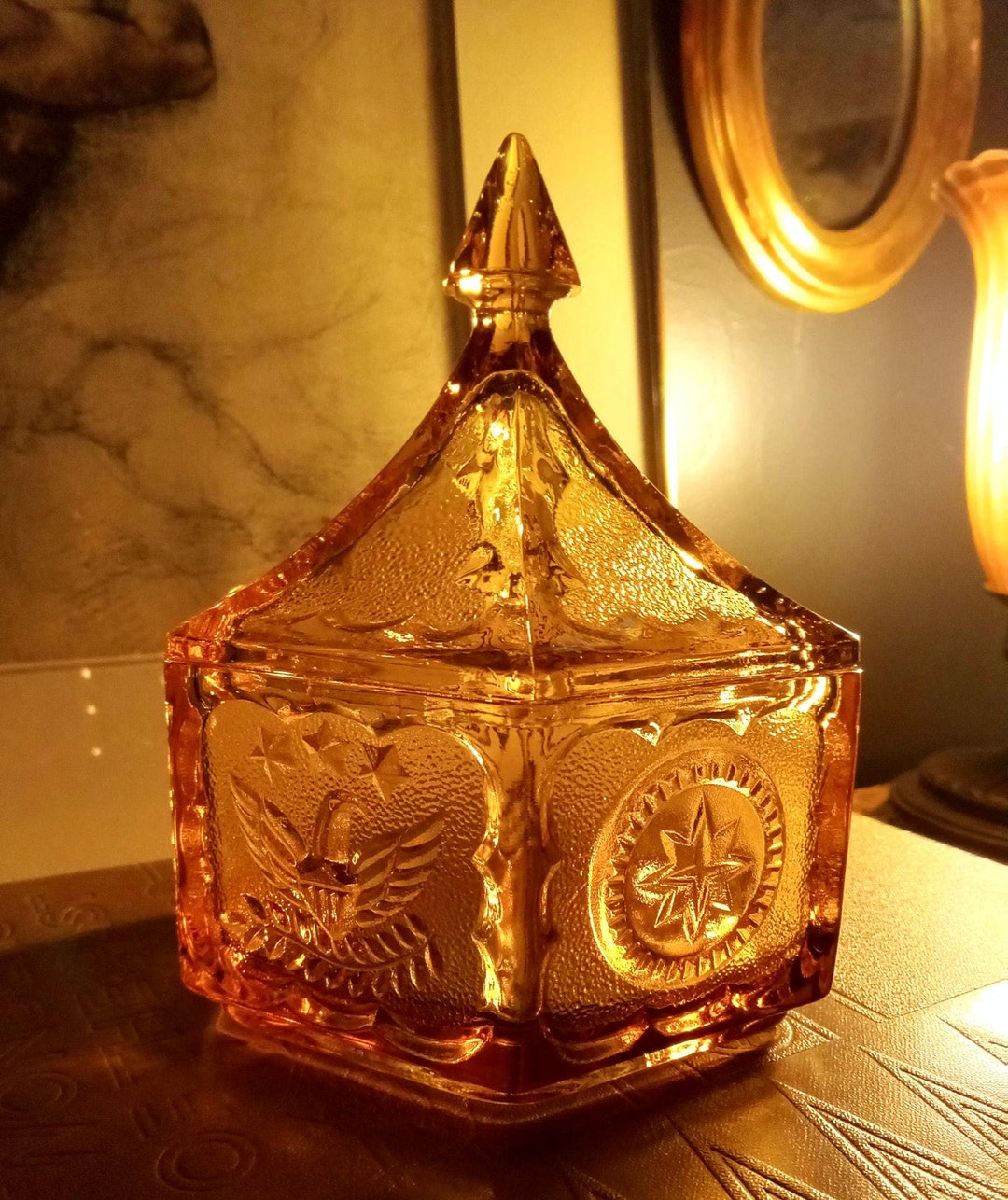 Vintage Amber Glass Candy Box W/ Lid, Star and Eagle Design - Etsy