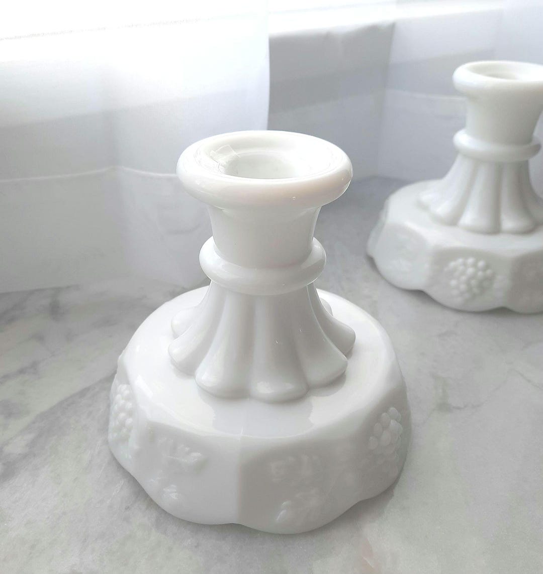 Vintage Milk Glass Candlesticks, Pair, Grape and Leaves Pattern W ...