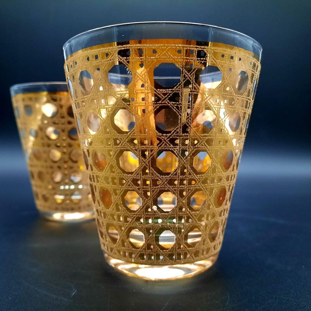 Vintage Culver Gold Cane Weave Pattern Double Old-fashioned Glasses ...