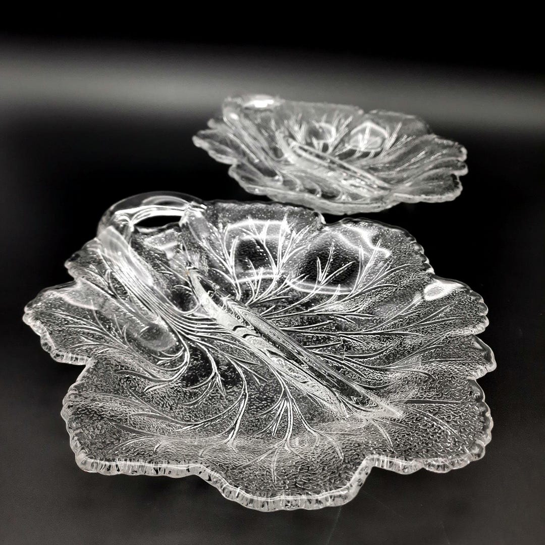 Vintage Textured Leaf-shaped Two-part Relish Dish W/ Handle, Set of 2 ...
