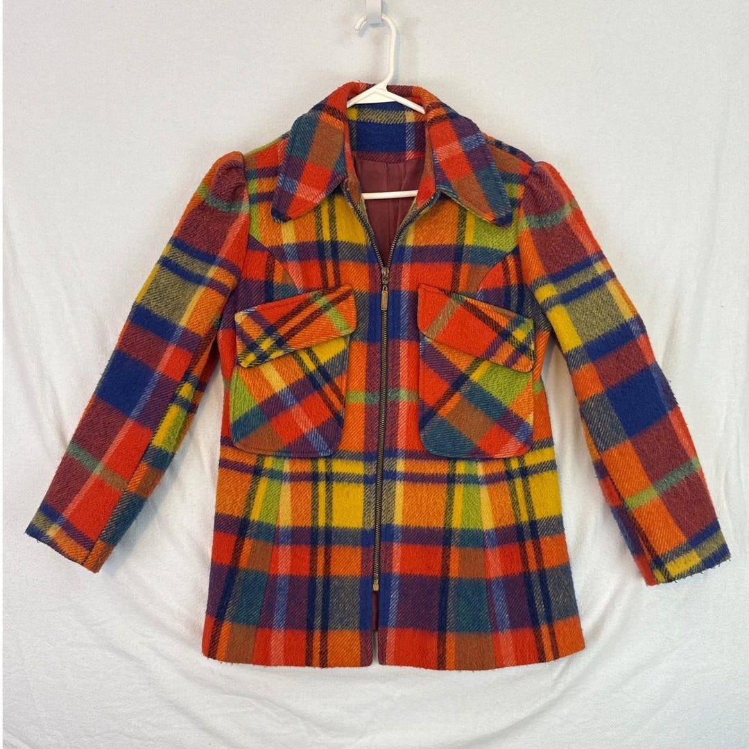 Vintage 70s Orange Blue Plaid Zip up Jacket Colorful Mod Coat, Small ...