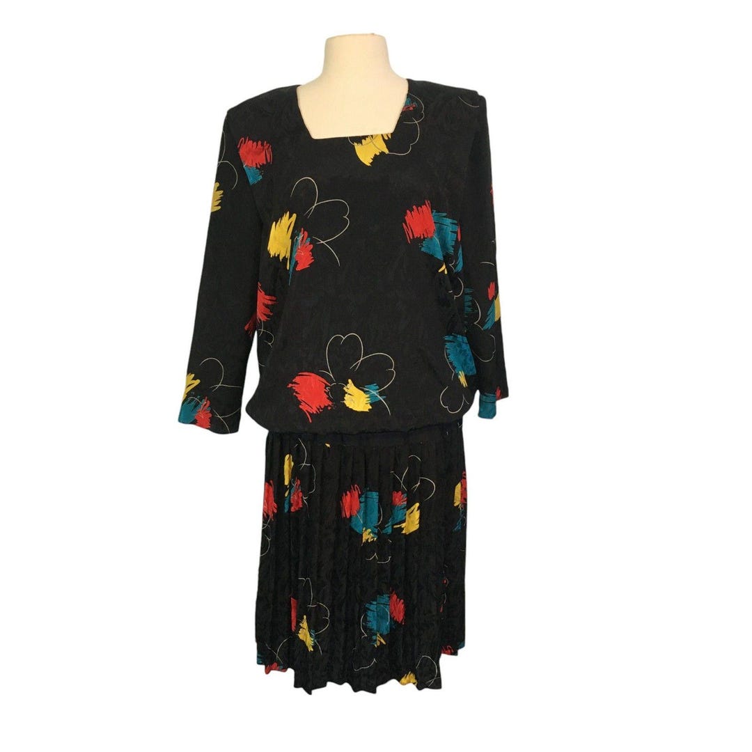 Le Art Vintage 80s Black W/bold Pattern Drop Waist Dress 40 Bust ...