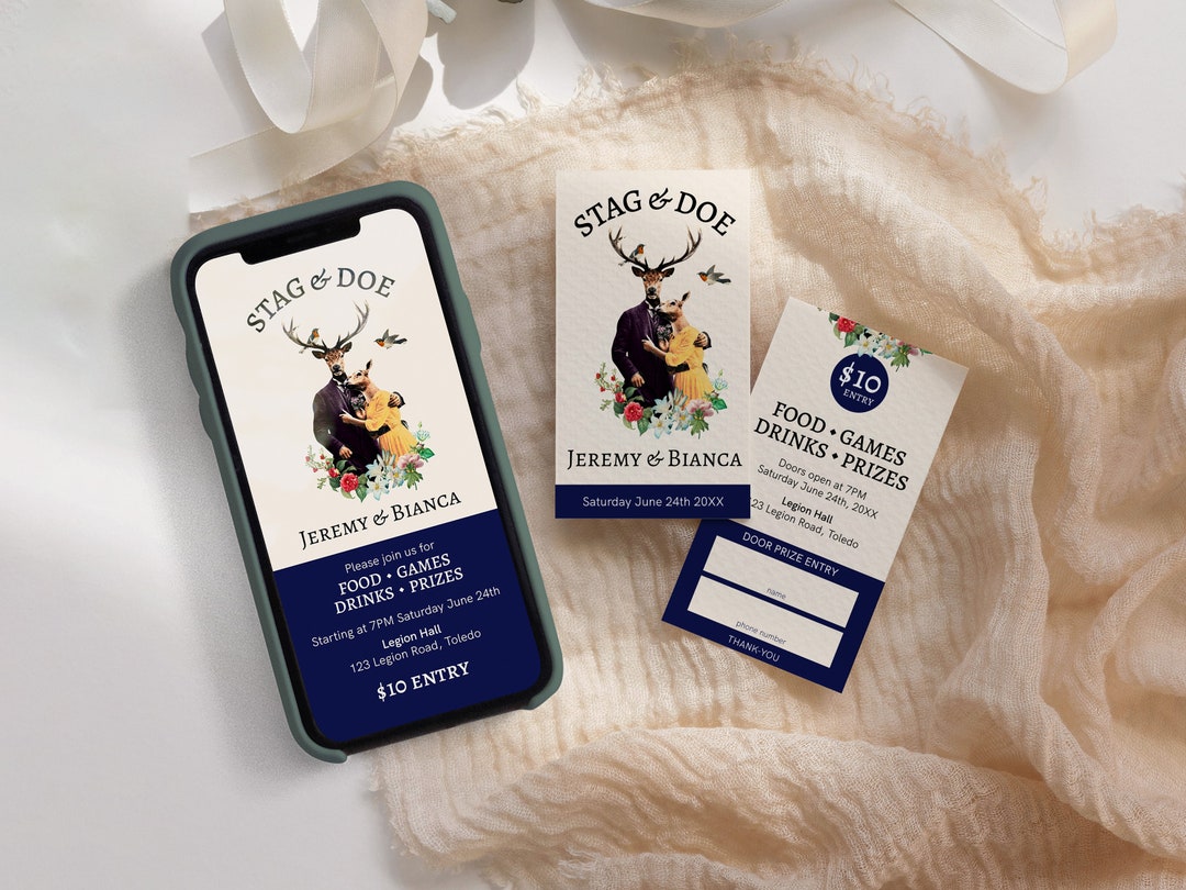 Modern Floral Stag and Doe Ticket and Digital Invitation, Collage, Navy ...