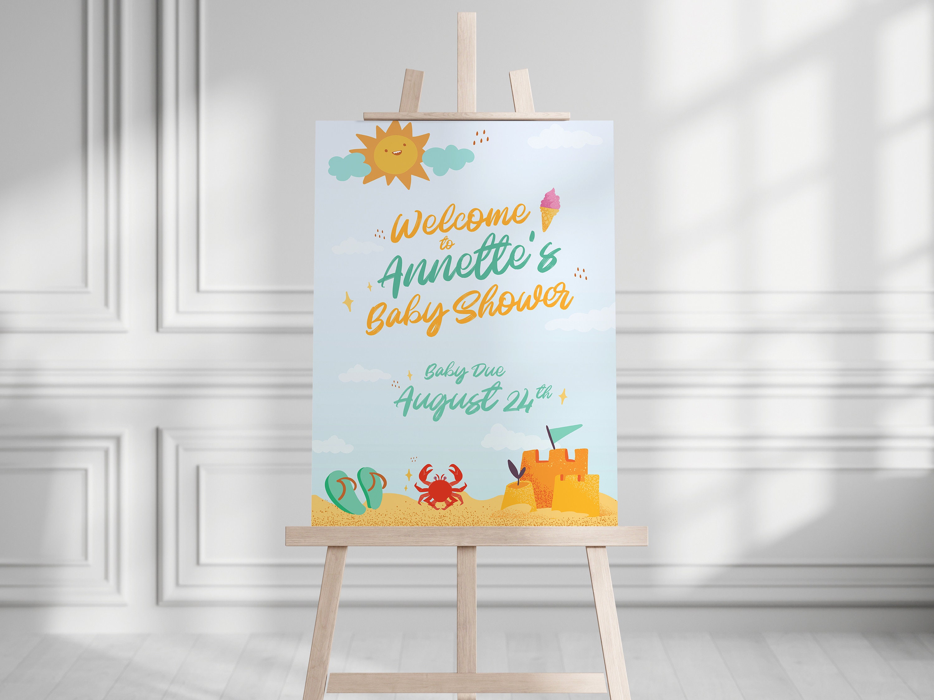 Beach Party Baby Shower Welcome Sign, Summer Sun Shower Easel Sign ...