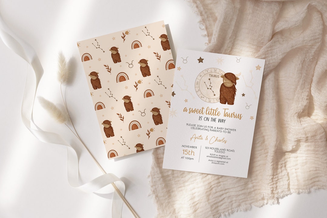 Taurus Baby Shower Invitation Bundle, Boho Zodiac Bull April May Spring ...