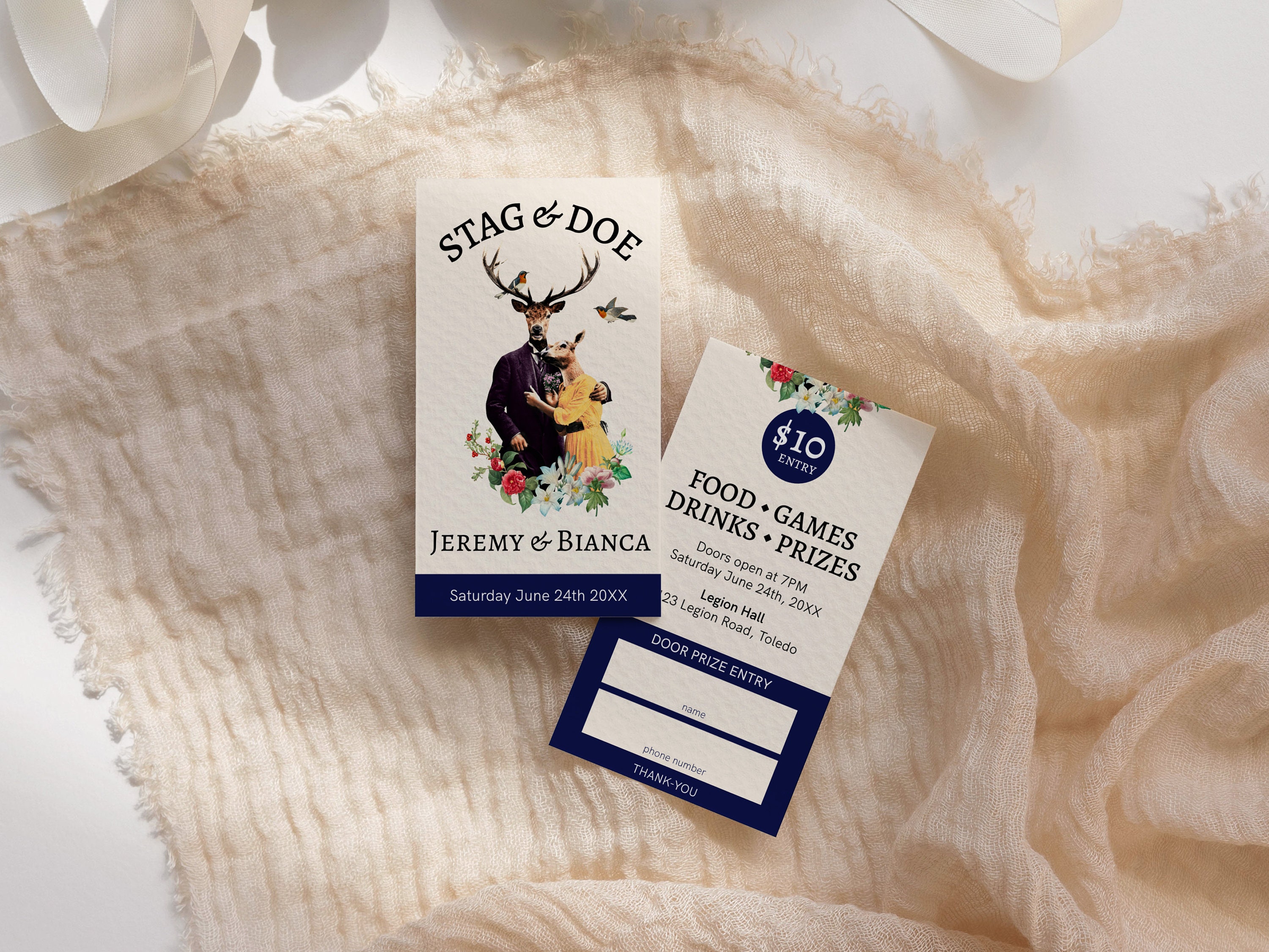 Modern Floral Stag and Doe Ticket and Digital Invitation, Collage, Navy ...