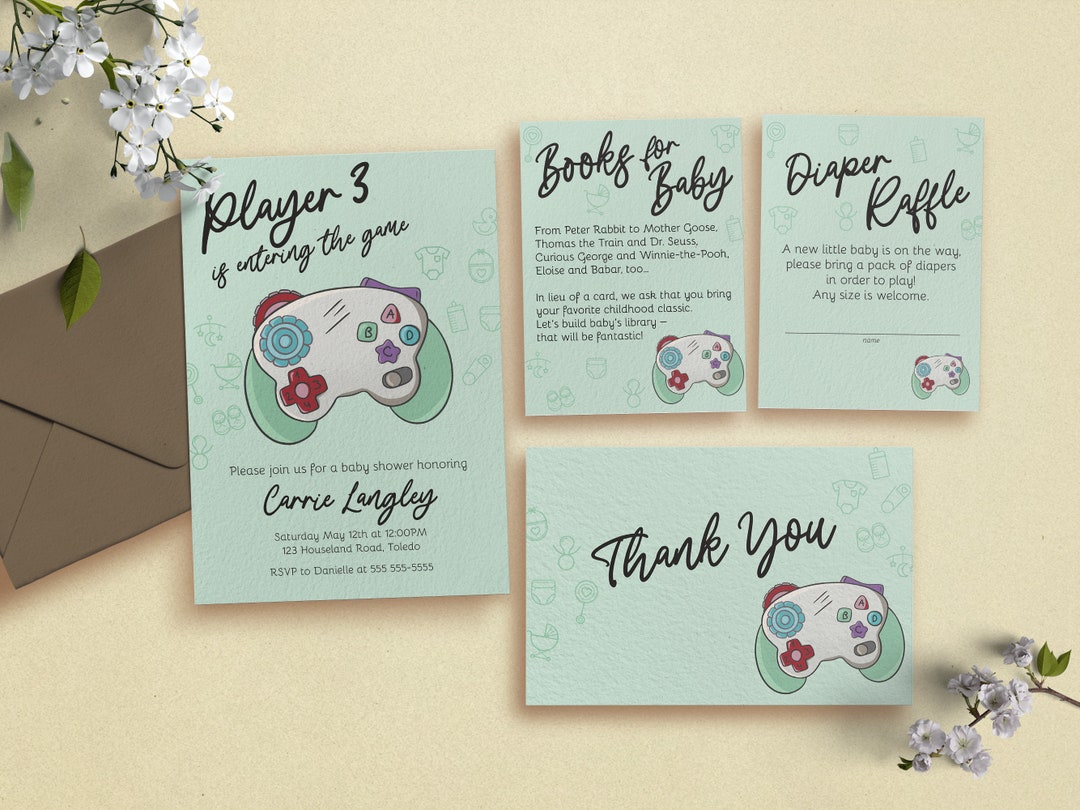 Video Game Baby Shower Invitation Bundle, Player 3 Invite, Gamer, New ...