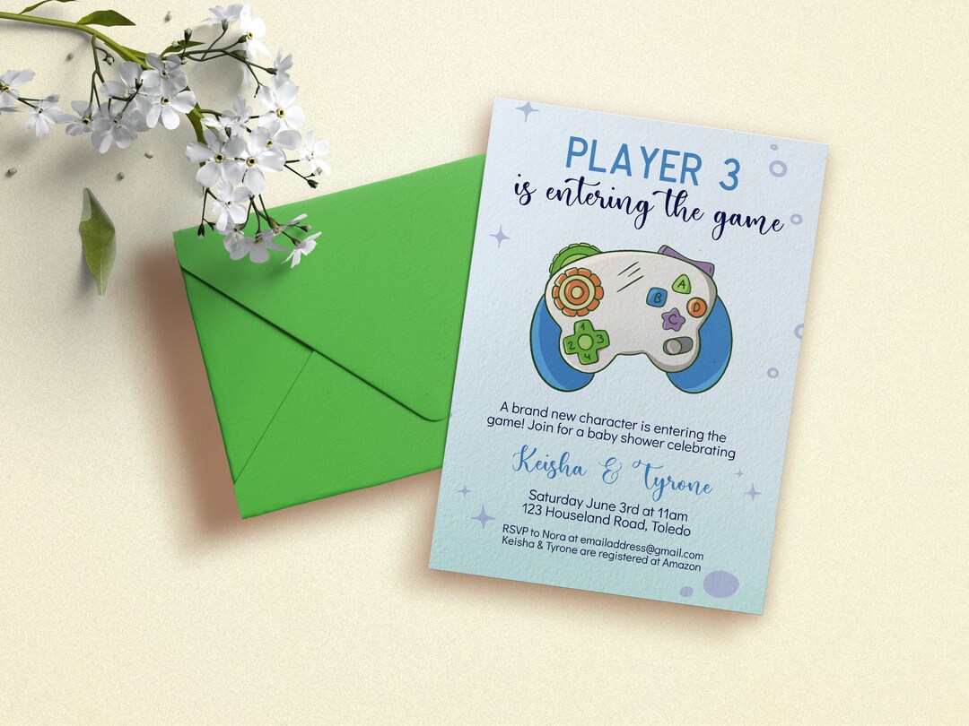 Video Game Controller Baby Shower Invitation, Player 3 Invite, Joystick ...