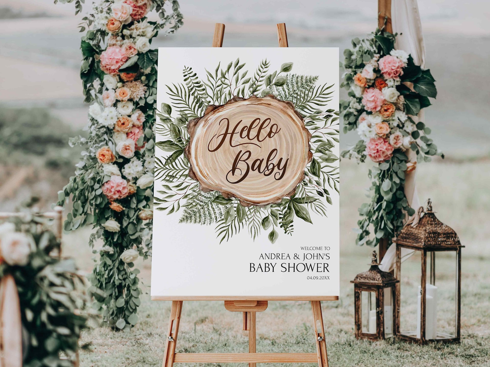 Wood & Greenery Welcome Sign, Easel Poster Sign, Baby Shower Editable ...