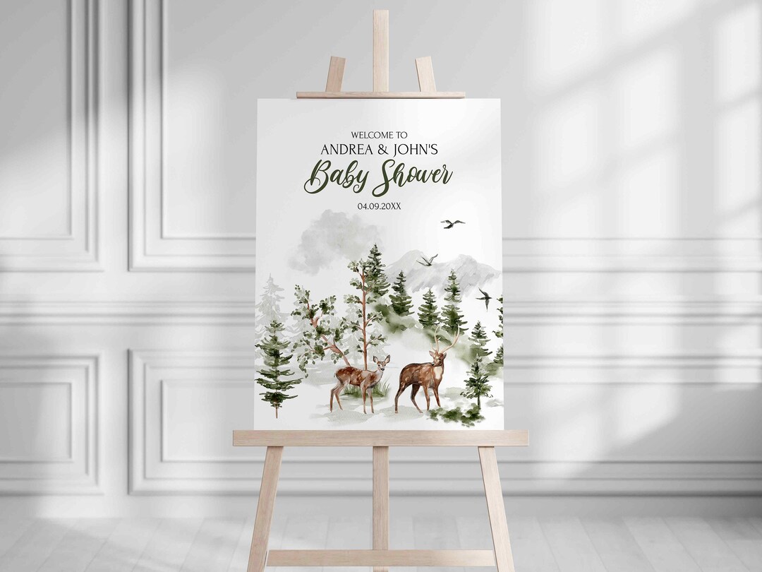 Deer and Forest Welcome Sign, Easel Poster Sign, Baby Shower Editable ...