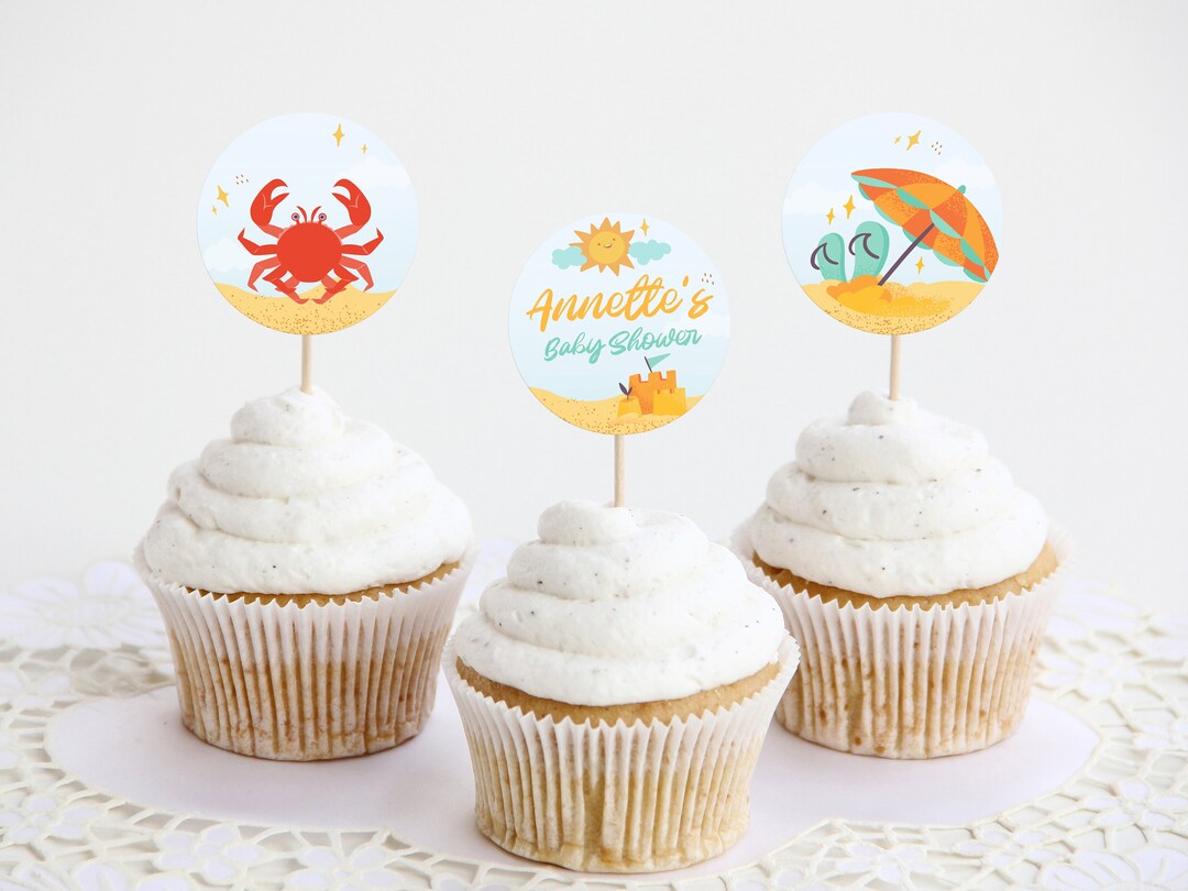 Beach Party Cupcake Toppers, Summer Sun Baby Shower Cake Toppers, Ocean ...