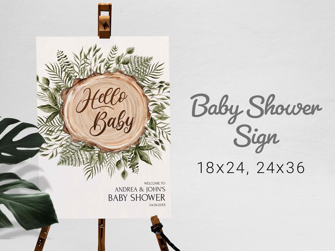 Wood & Greenery Welcome Sign, Easel Poster Sign, Baby Shower Editable ...