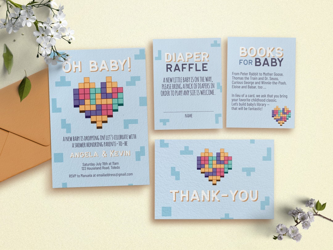 Tetris-inspired Retro Video Game Baby Shower Invitation Bundle, Nerdy ...
