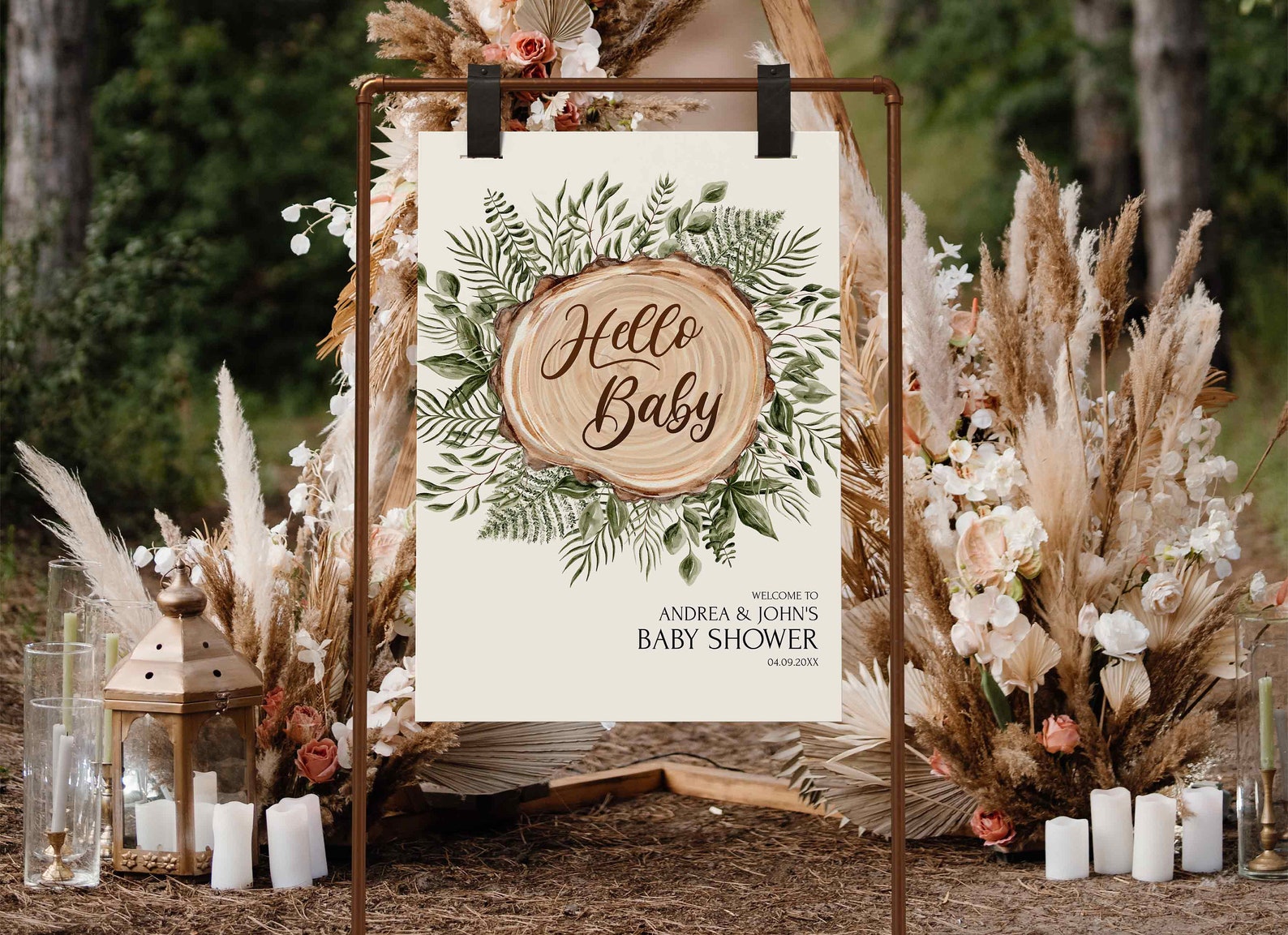 Wood & Greenery Welcome Sign, Easel Poster Sign, Baby Shower Editable ...