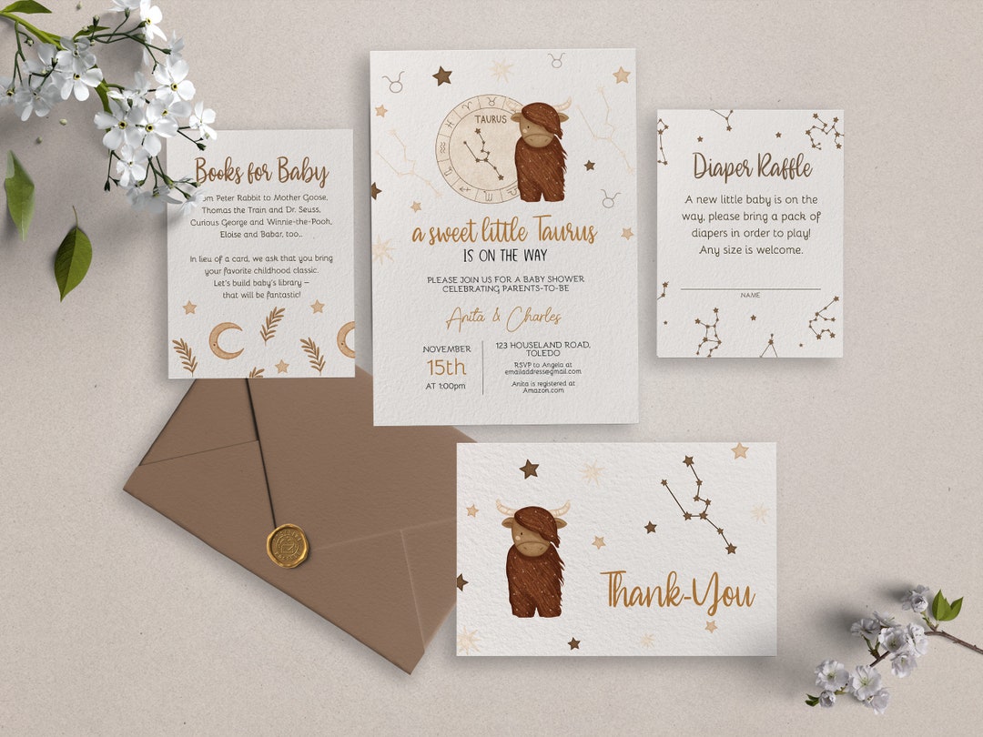 Taurus Baby Shower Invitation Bundle, Boho Zodiac Bull April May Spring ...