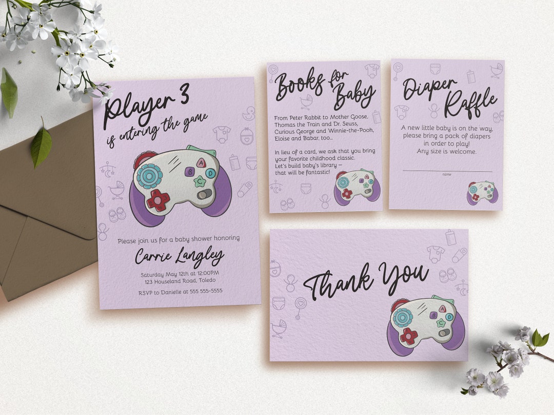Video Game Baby Shower Invitation Bundle, Player 3 Invite, Purple Gamer ...