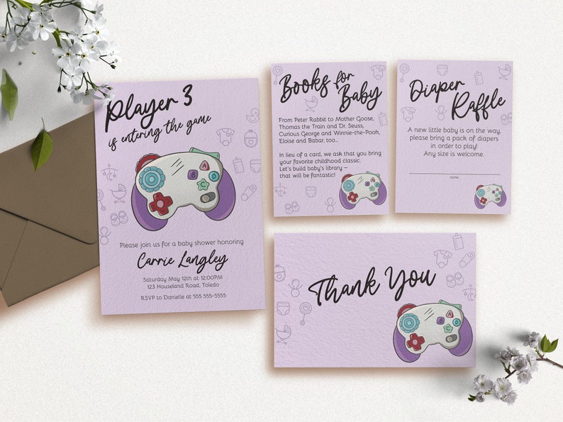Video Game Baby Shower Invitation Bundle, Player 3 Invite, Purple Gamer ...
