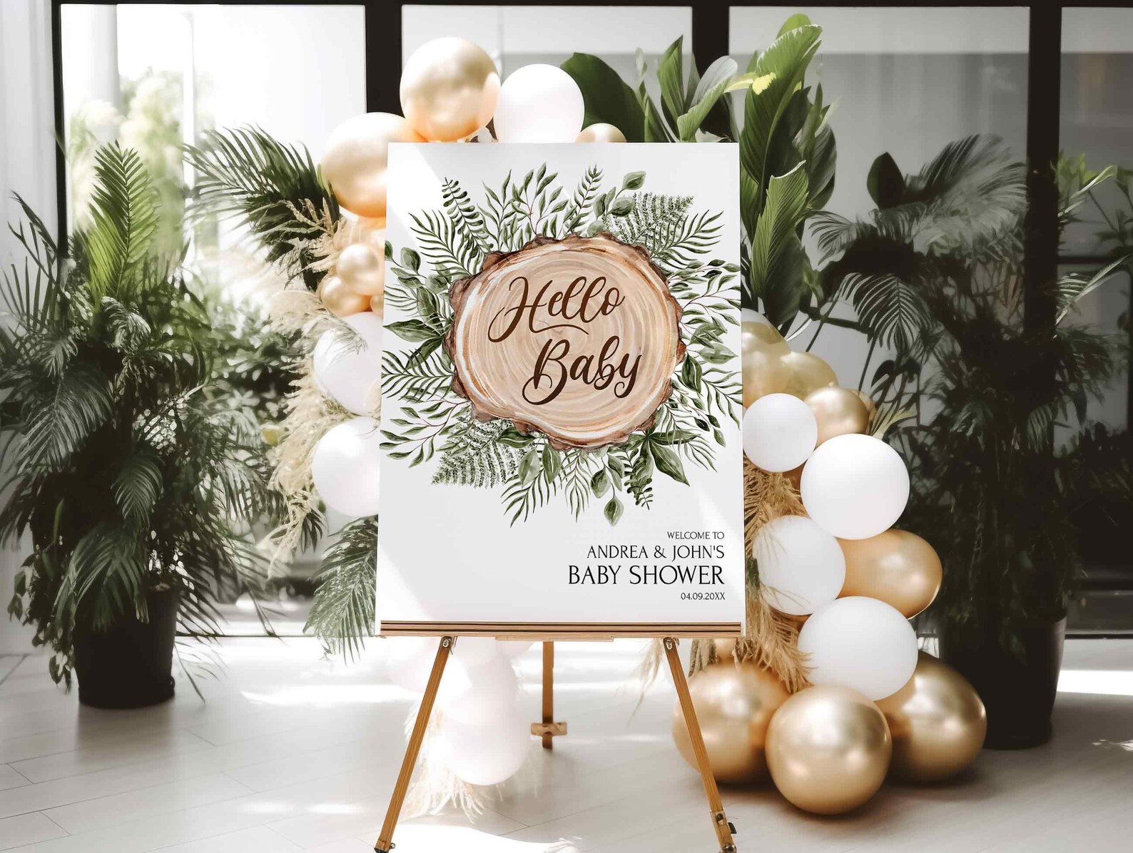Wood & Greenery Welcome Sign, Easel Poster Sign, Baby Shower Editable ...