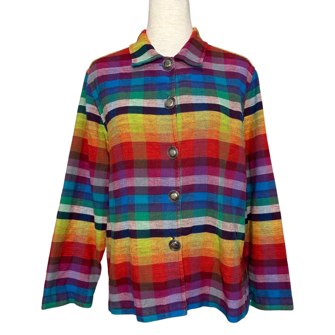 90s Rainbow Plaid Chore Jacket Vintage Bright Plaid Button up Jacket ...