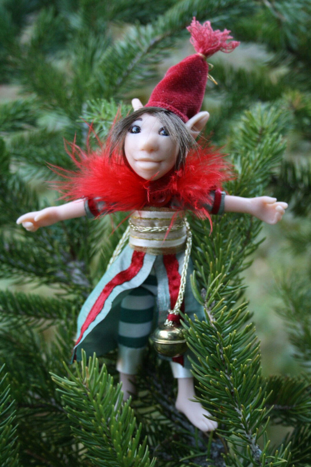 Cotton and Polymer Elf Doll With Red Feather and Bells Christmas Elf ...