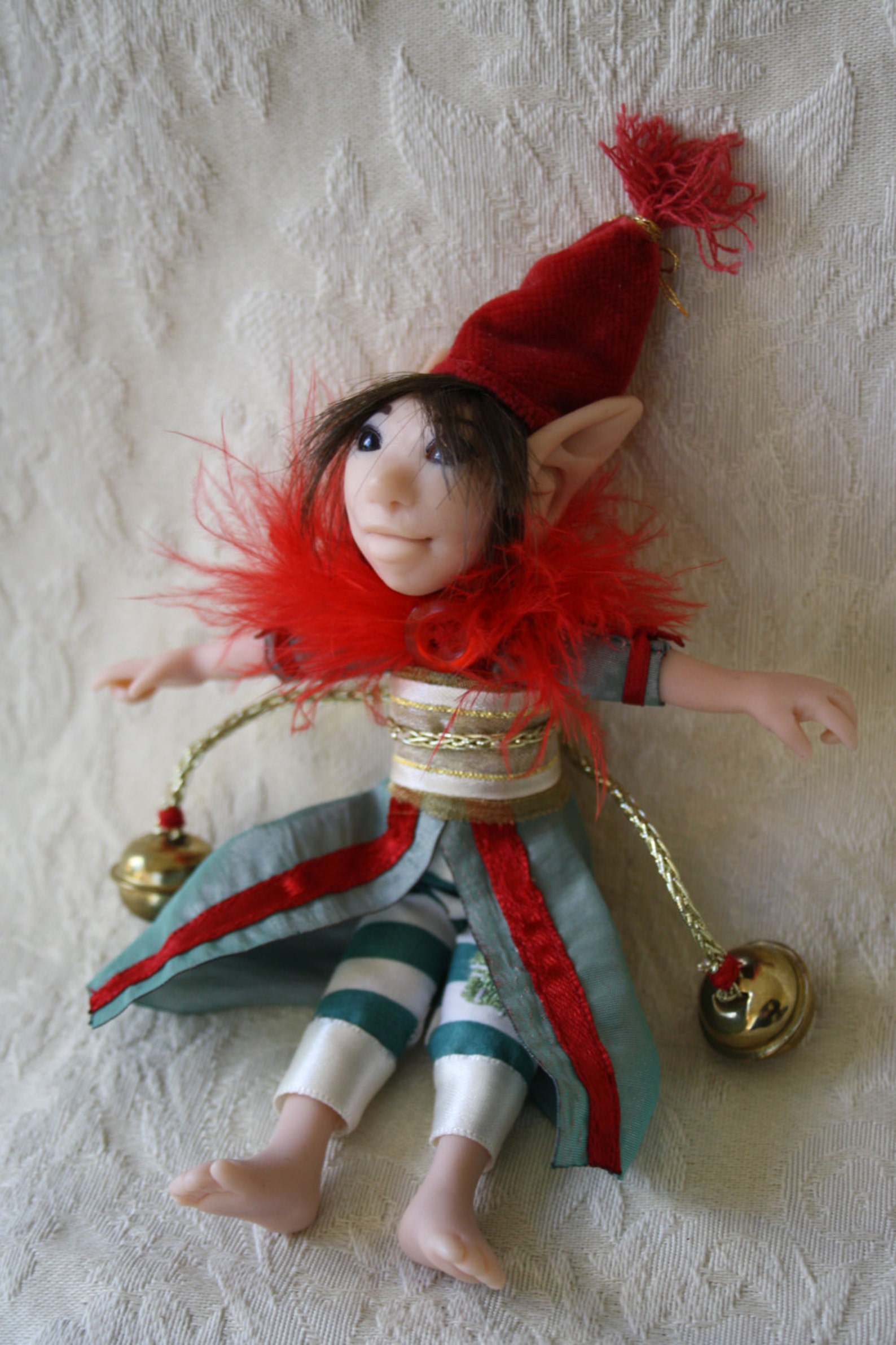 Cotton and Polymer Elf Doll With Red Feather and Bells - Etsy