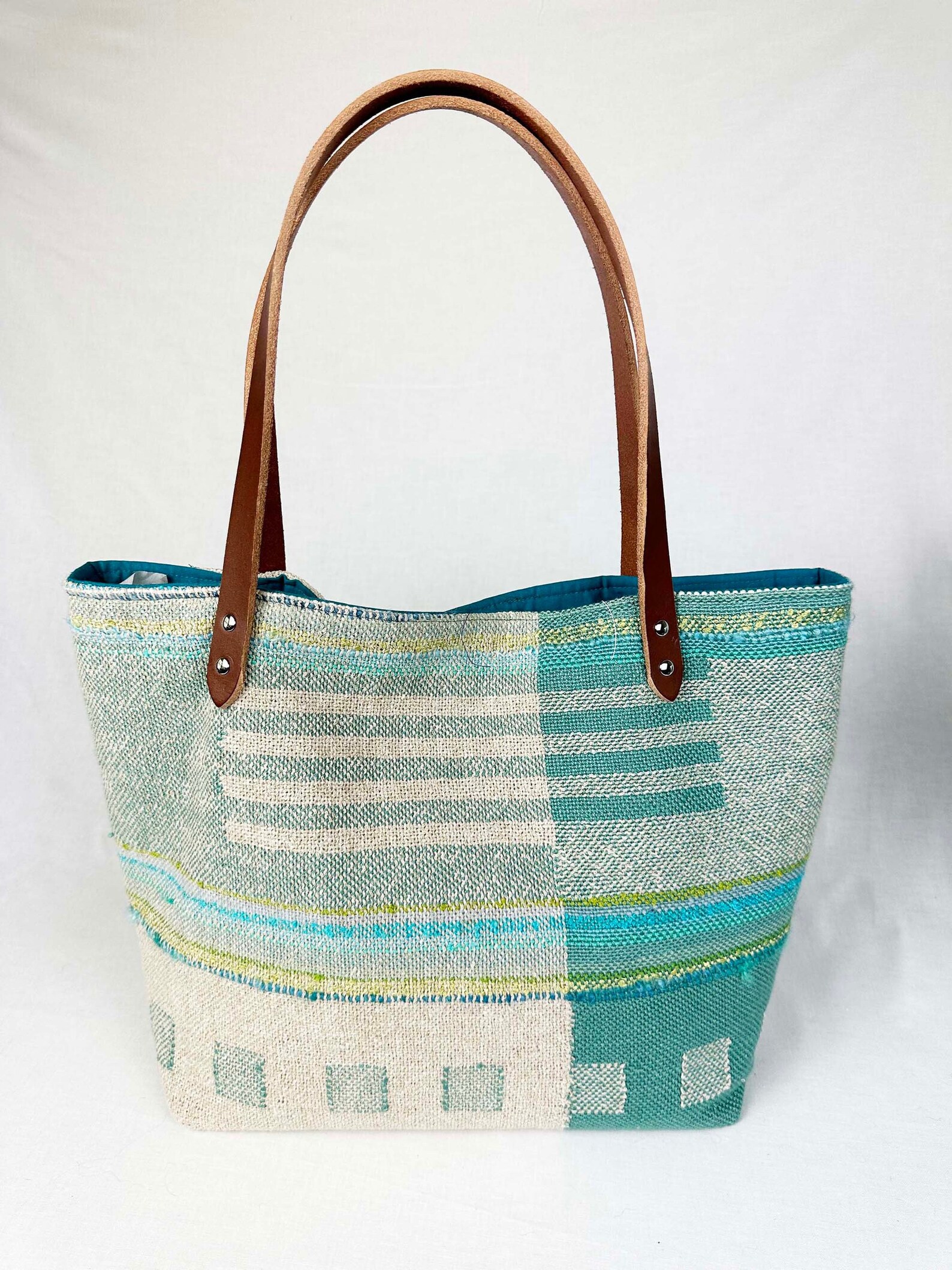 Teal & Beige Handwoven Tote Bag. Cotton and Other Fibers, Leather ...
