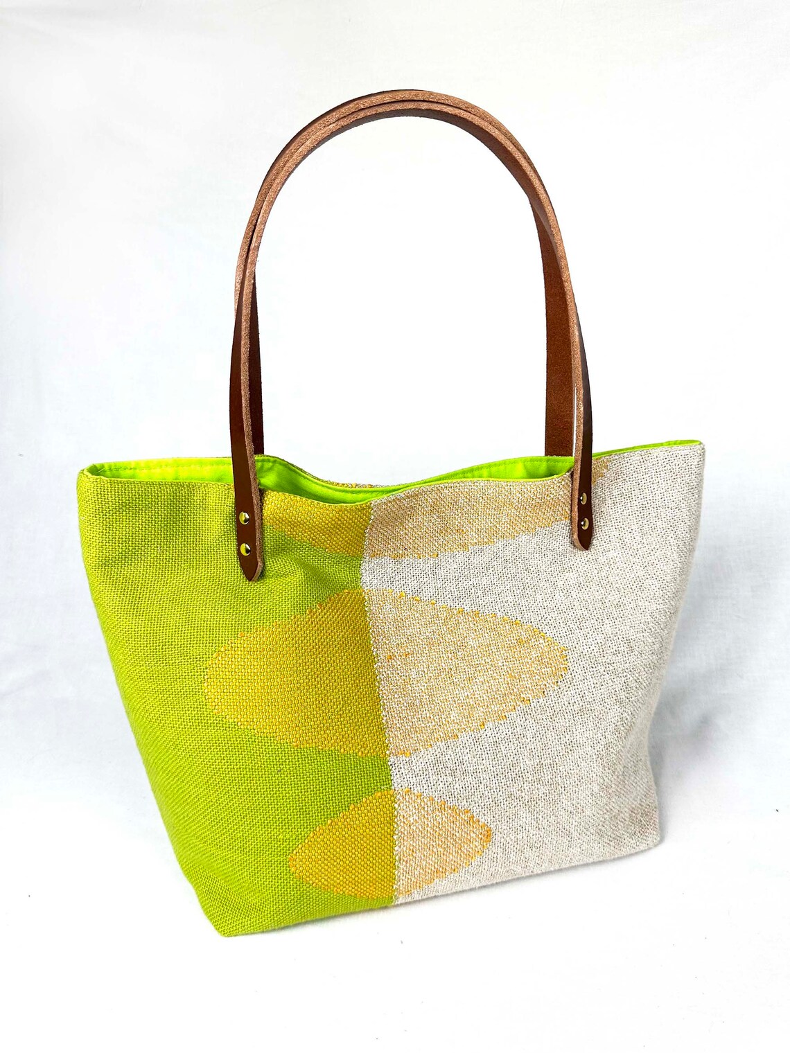 Chartreuse, Gold & Beige Handwoven Tote Bag. Cotton and Other Fibers ...