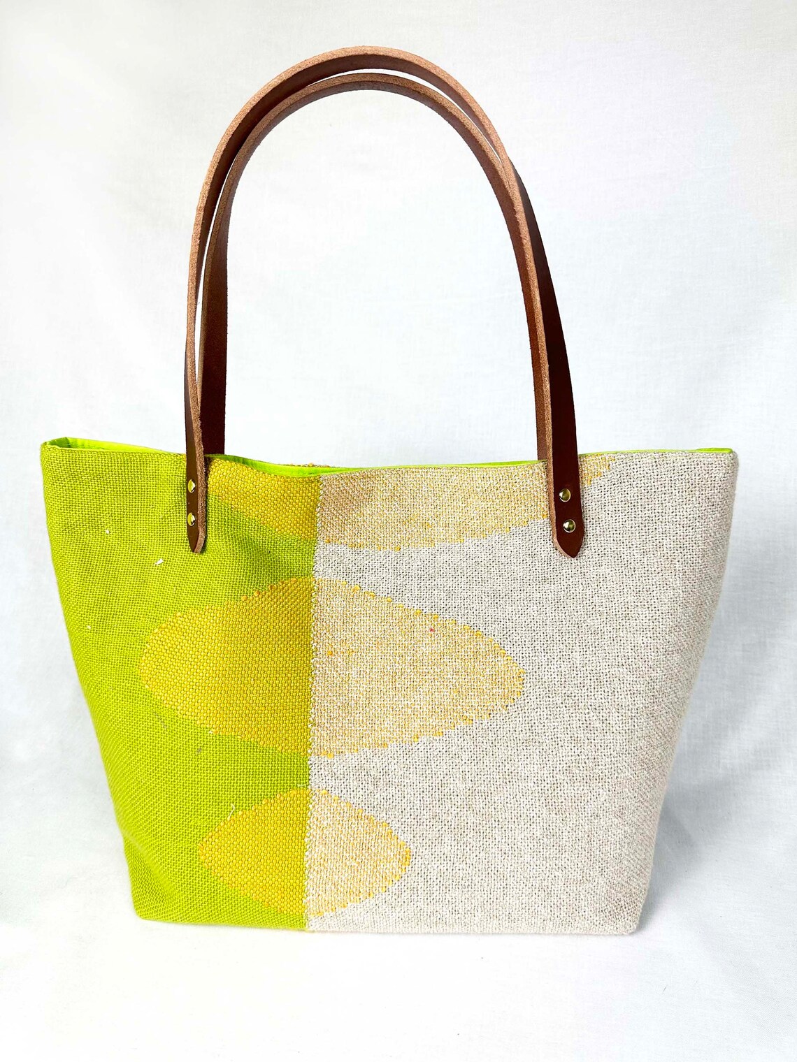 Chartreuse, Gold & Beige Handwoven Tote Bag. Cotton and Other Fibers ...