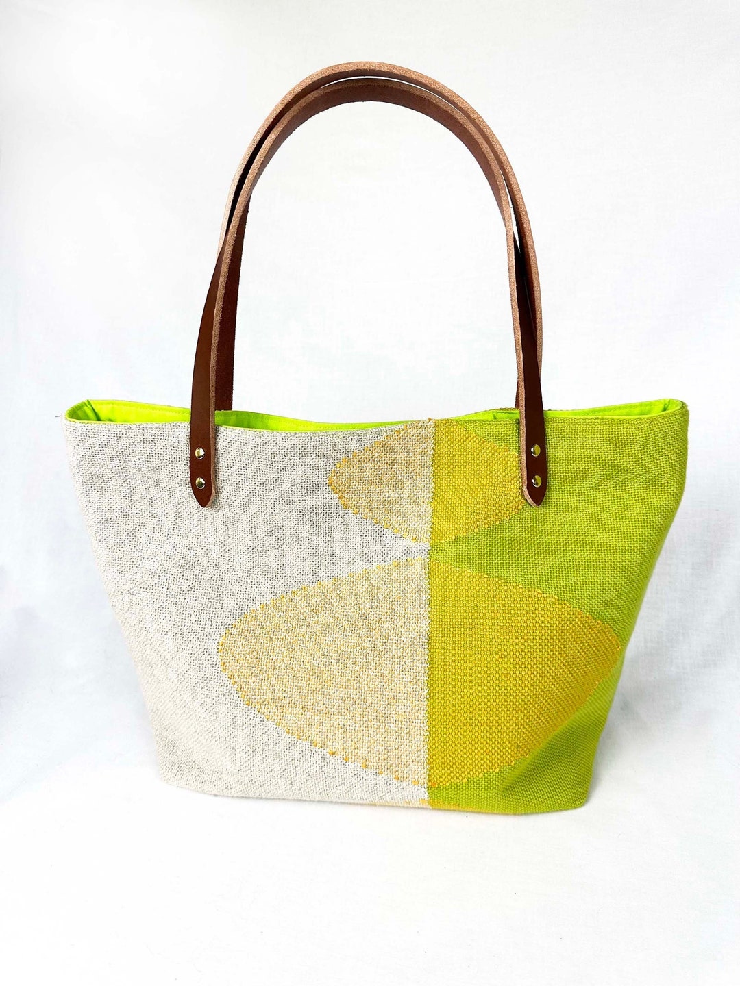 Chartreuse, Gold & Beige Handwoven Tote Bag. Cotton and Other Fibers ...