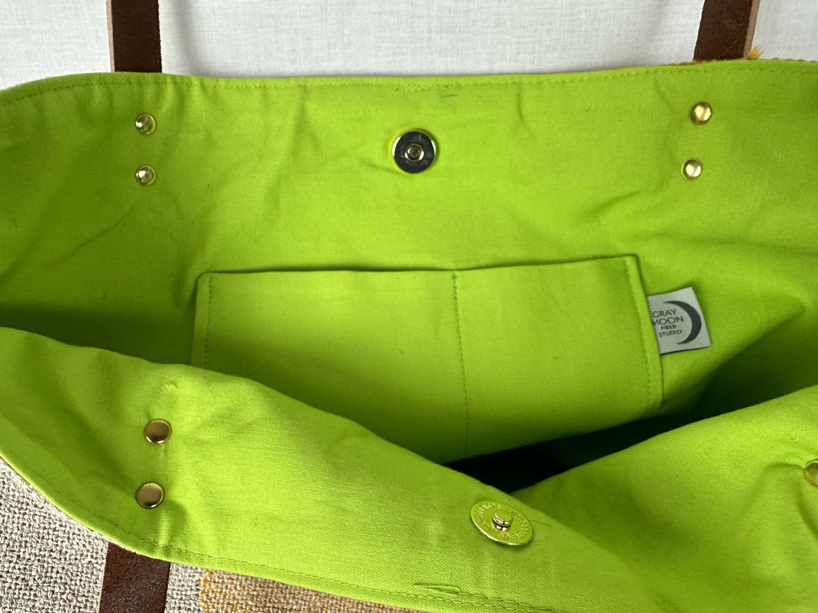 Chartreuse, Gold & Beige Handwoven Tote Bag. Cotton and Other Fibers ...