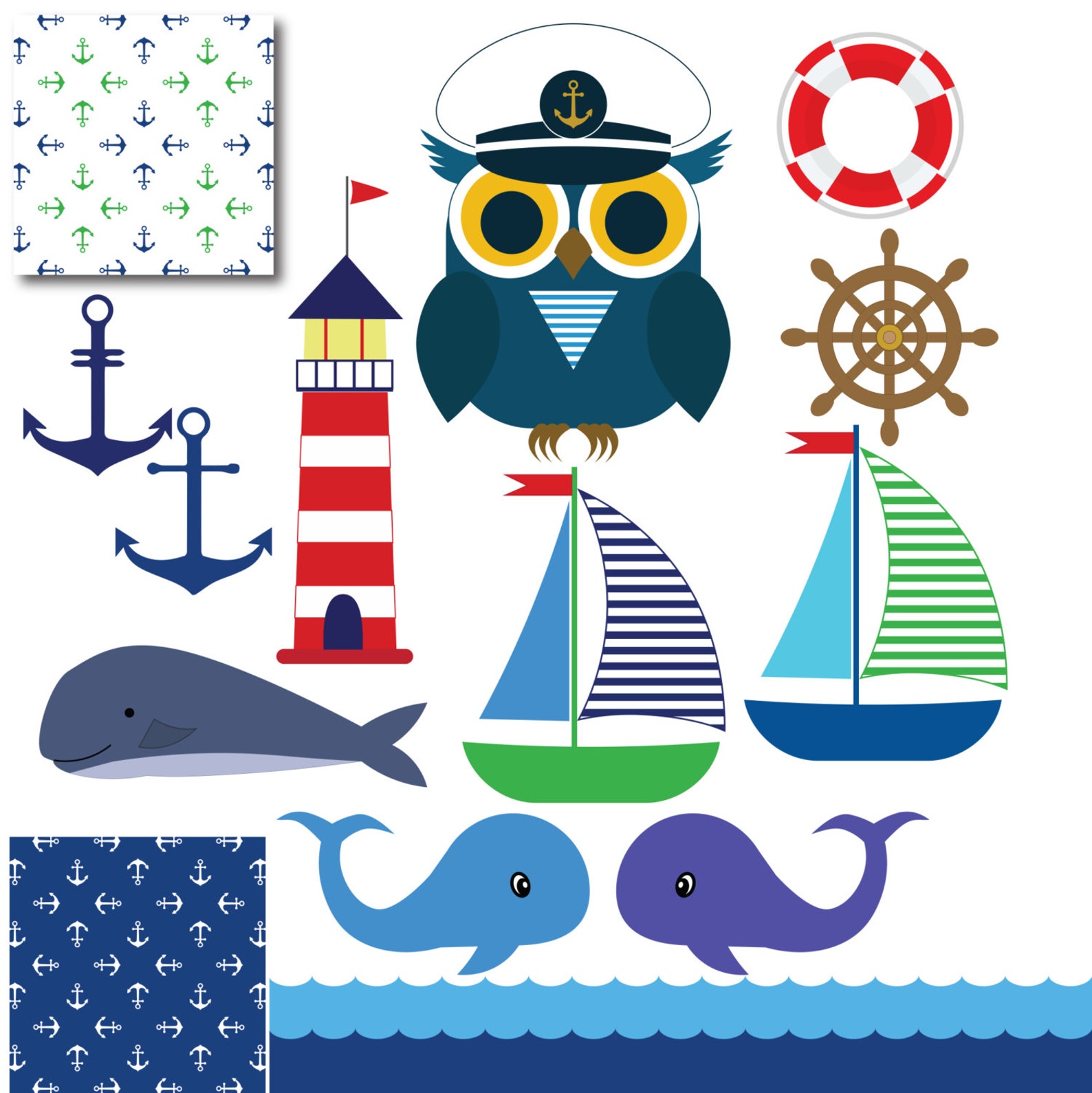 Nautical Clip Art Boat Clipart Whale Clipart Anchor - Etsy