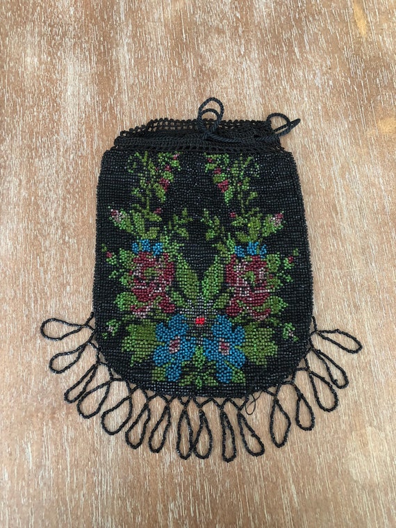 Antique Black Floral Beaded Purse Vintage Handbag - Gem