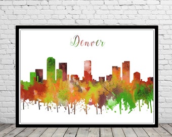 Vintage Denver Colorado City Skyline Watercolor Map - Etsy
