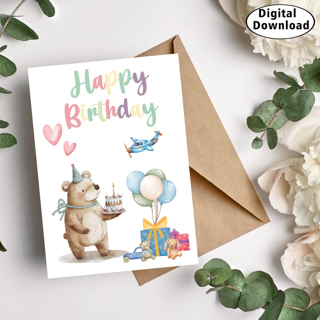 Birthday Card Teddy Bear Baby Card Unique Card Digital Download Happy ...
