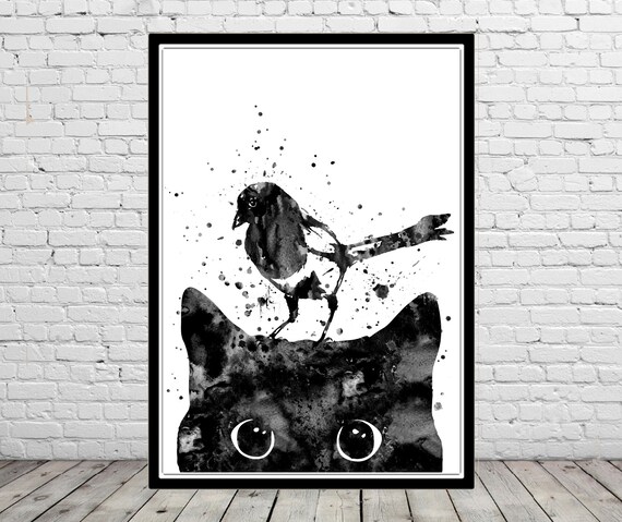 Peeking Cat and Magpie Watercolor Print Peeking Cat Wall Art - Etsy