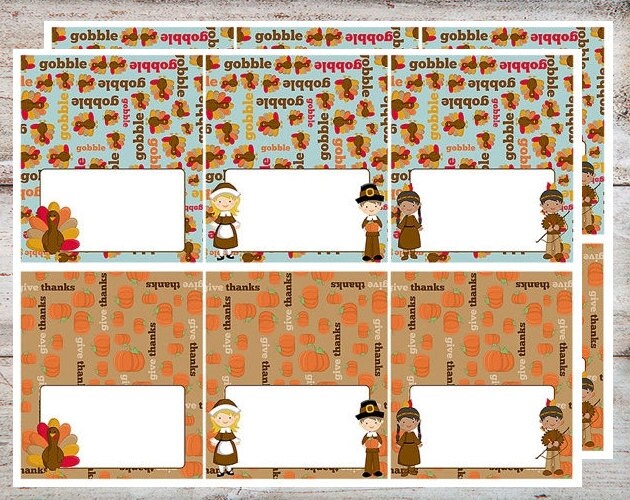 Thanksgiving Turkeys Pilgrims and Indians Food Tent Place Cards INSTANT ...