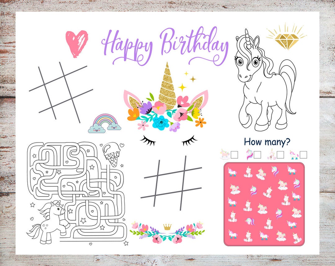 Unicorn Activity Place Mat , Activity Sheet, Unicorn Birthday, Unicorn ...