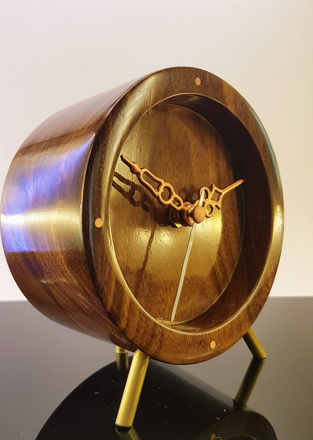 Sissoo Wood Desk Clock With Copper Inlay & Brass Feet - Etsy