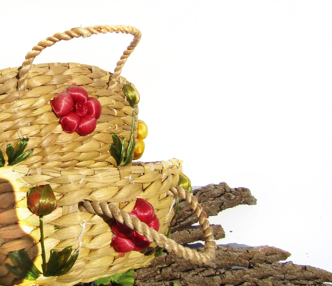 Raffia Woven Basket casserole Basket Kitchen Raffia Baskets, Vintage 70 ...