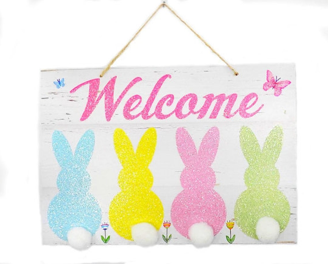 Bunny Welcome Sign bunny Door Sign upcycled Easter Bunny - Etsy