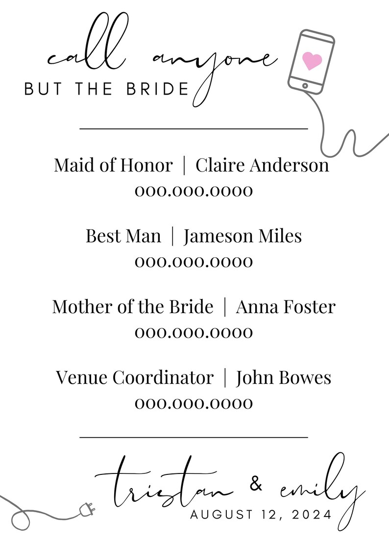 Minimalist Wedding Day Contact | Call Anyone but the Bride | Wedding ...