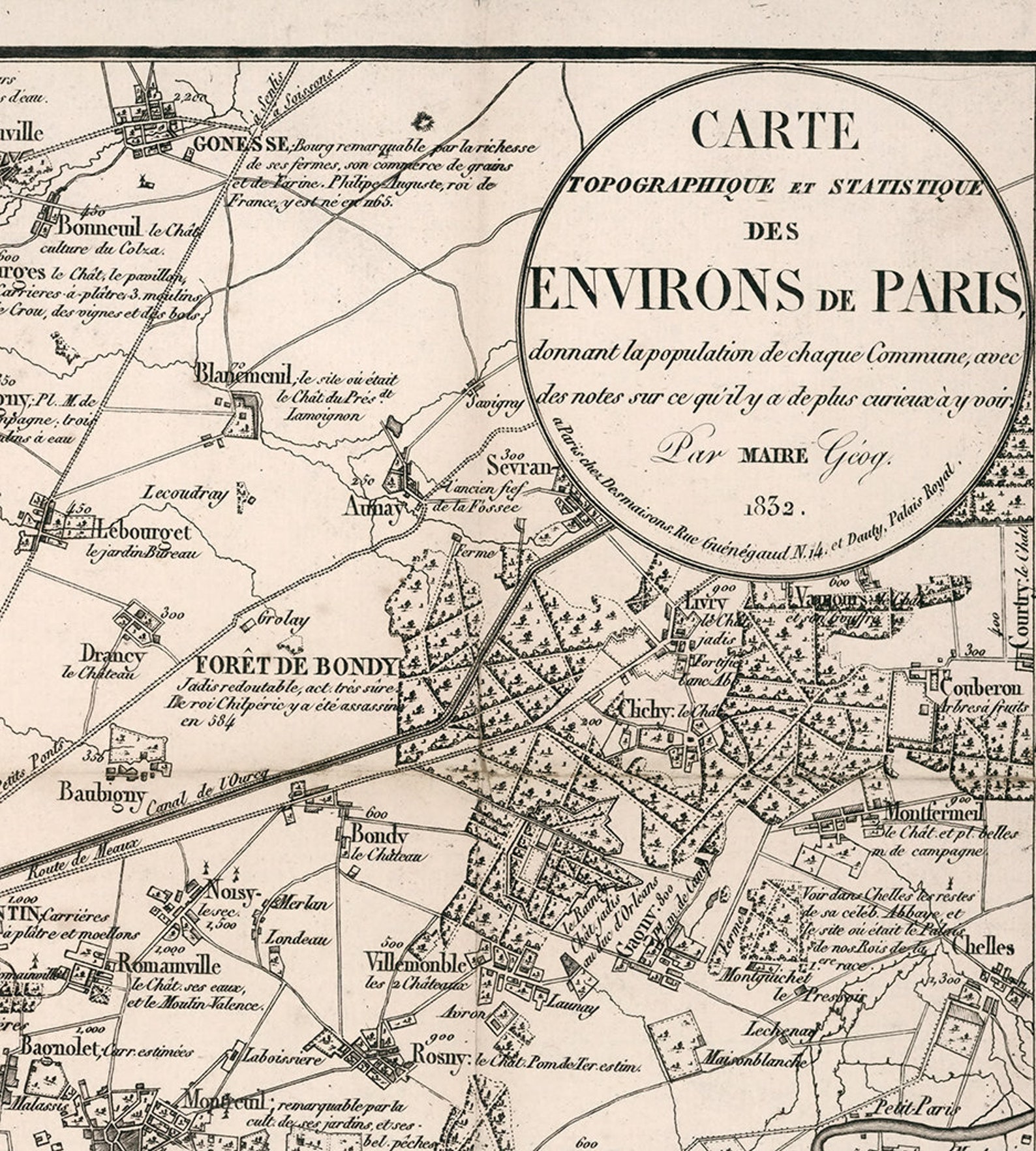 Map of Paris, France, 1832. Restoration Hardware Home Deco Style Old ...