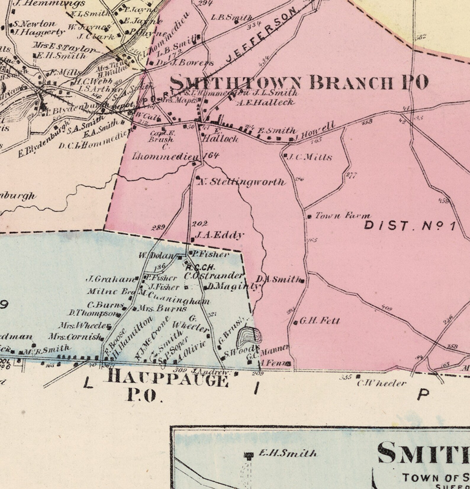 Map of Smithtown, Suffolk County, Long Island, New York NY 1873 ...