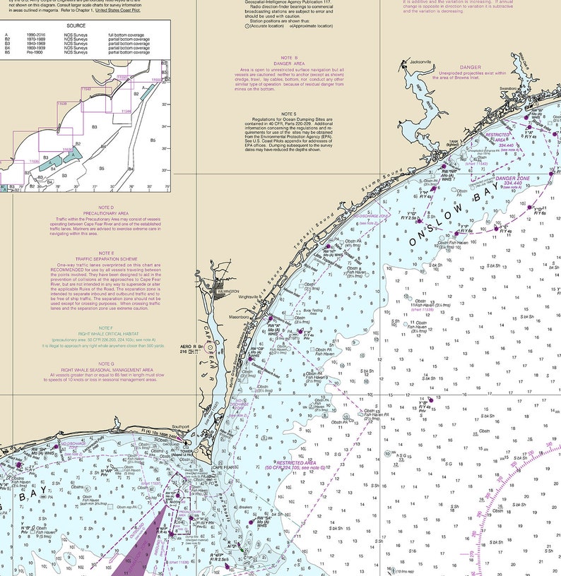 Nautical Charts of Cape Hatteras to Charleston 11520 East | Etsy