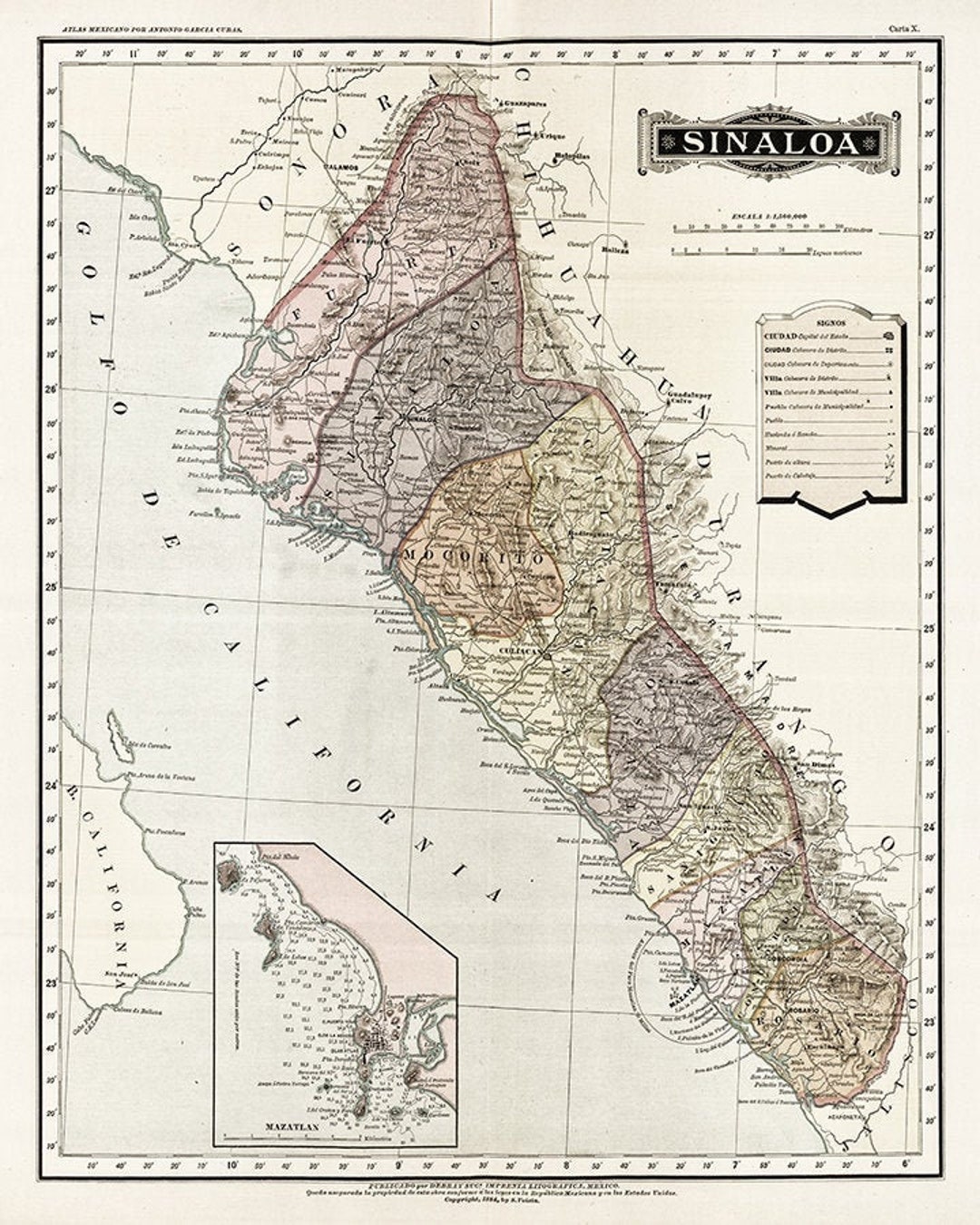 Map of Sinaloa. Mexico 1886. Vintage Restoration Hardware Home Deco ...